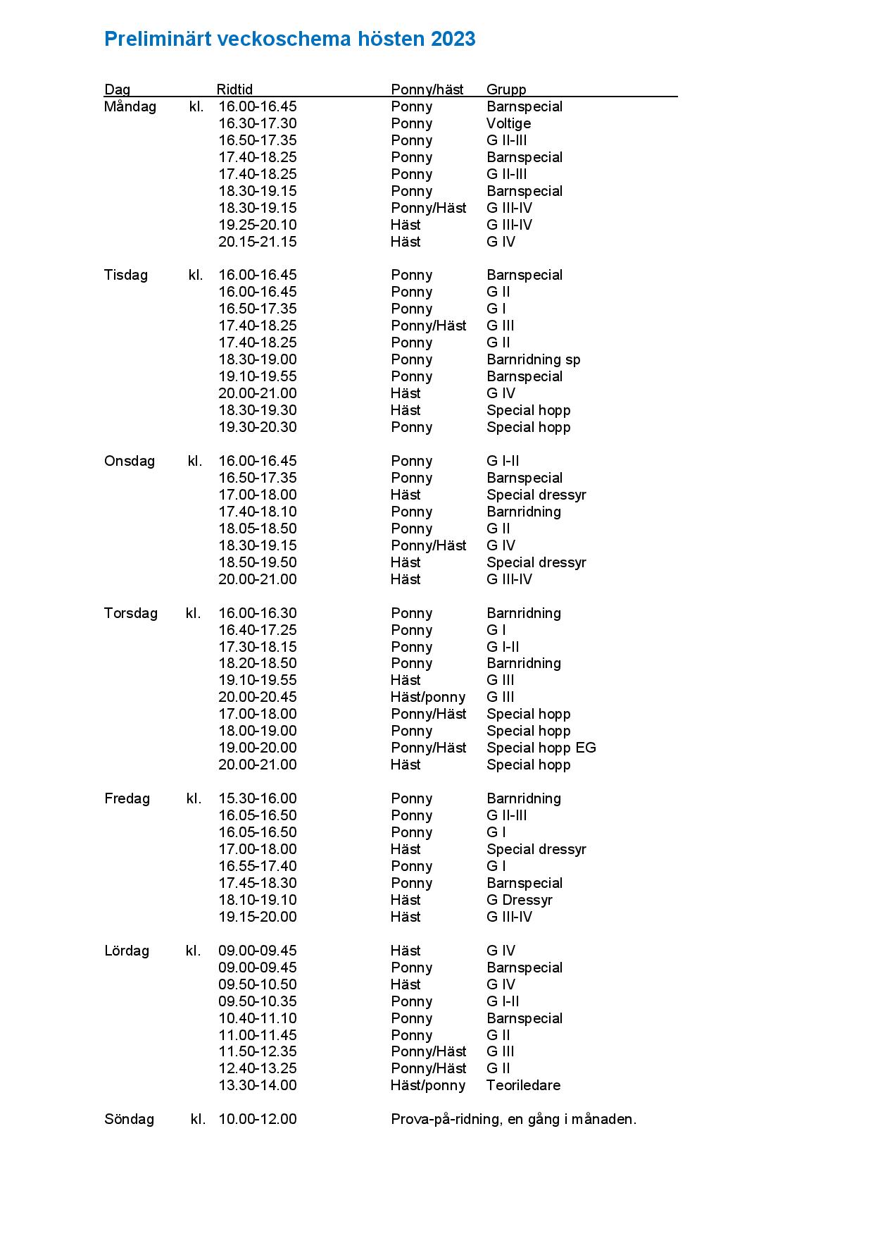 Veckoschema – Viarps Kör- och Ridklubb